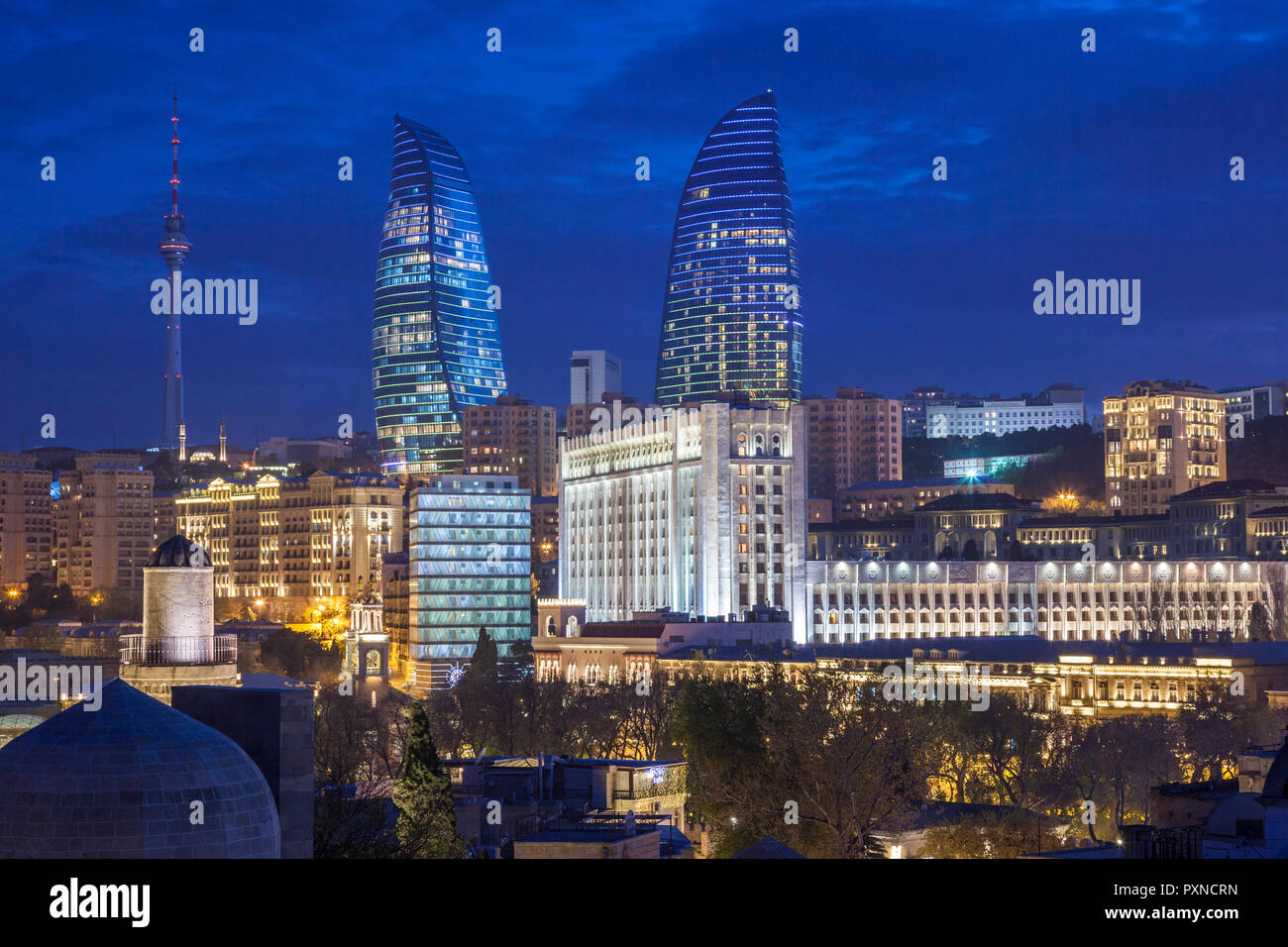 Azerbaijan, Baku, high angle skyline view with The Flame Towers Stock ...