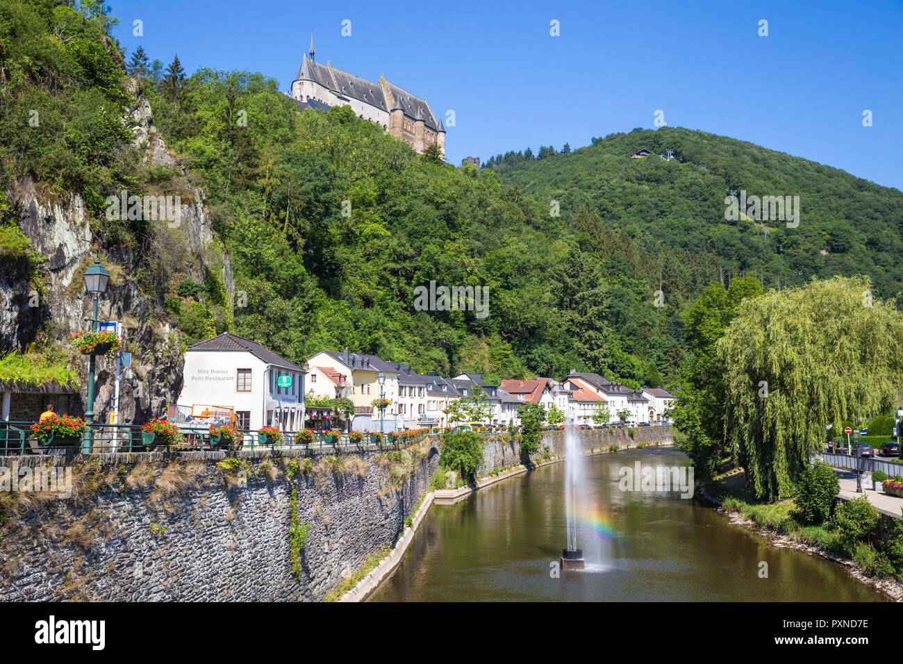 Luxembourg, Vianden, View of Vianden Castle above the town and Our ...