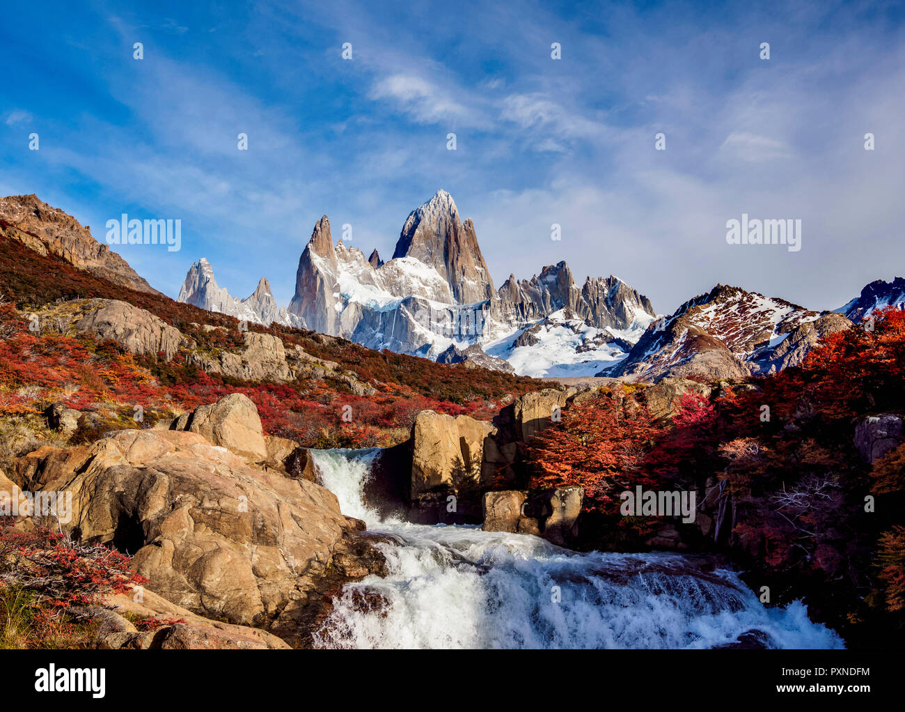 Waterfall on Arroyo del Salto and Mount Fitz Roy, Los Glaciares ...