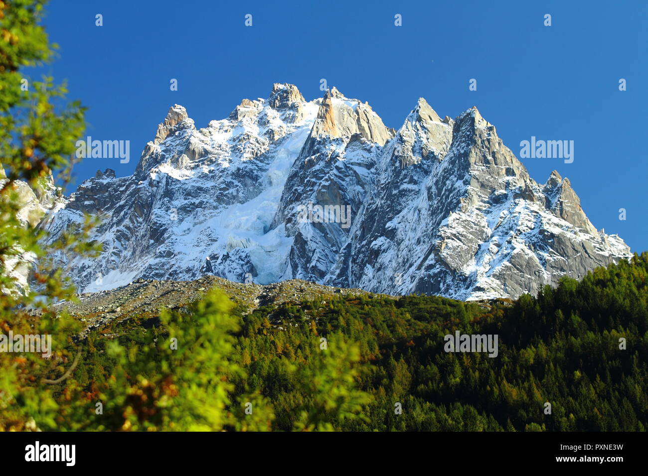 Great view of the Mont Blanc Massif from Chamonix, France. Aiguille du ...