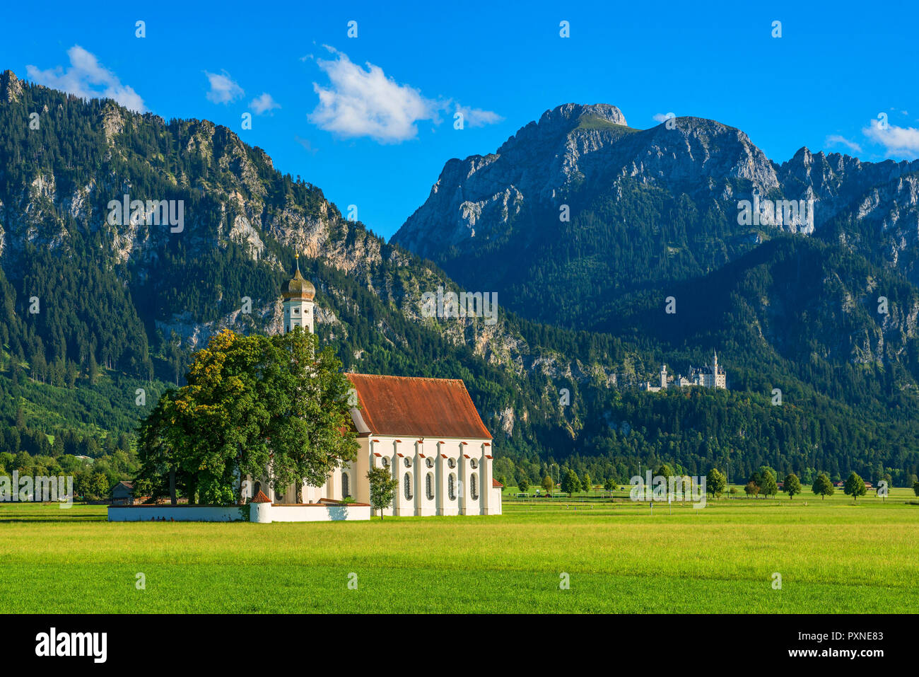 Church St. Coloman with Neuschwanstein castle and SÃ¤uling mountain ...