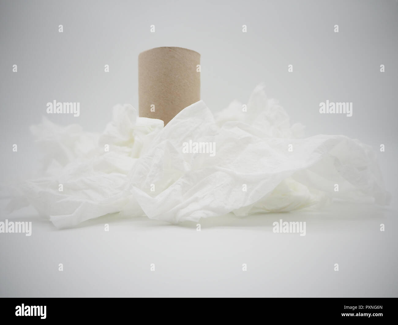 Pile of tissue paper with roll core. Empty roll with toilet paper on a ...