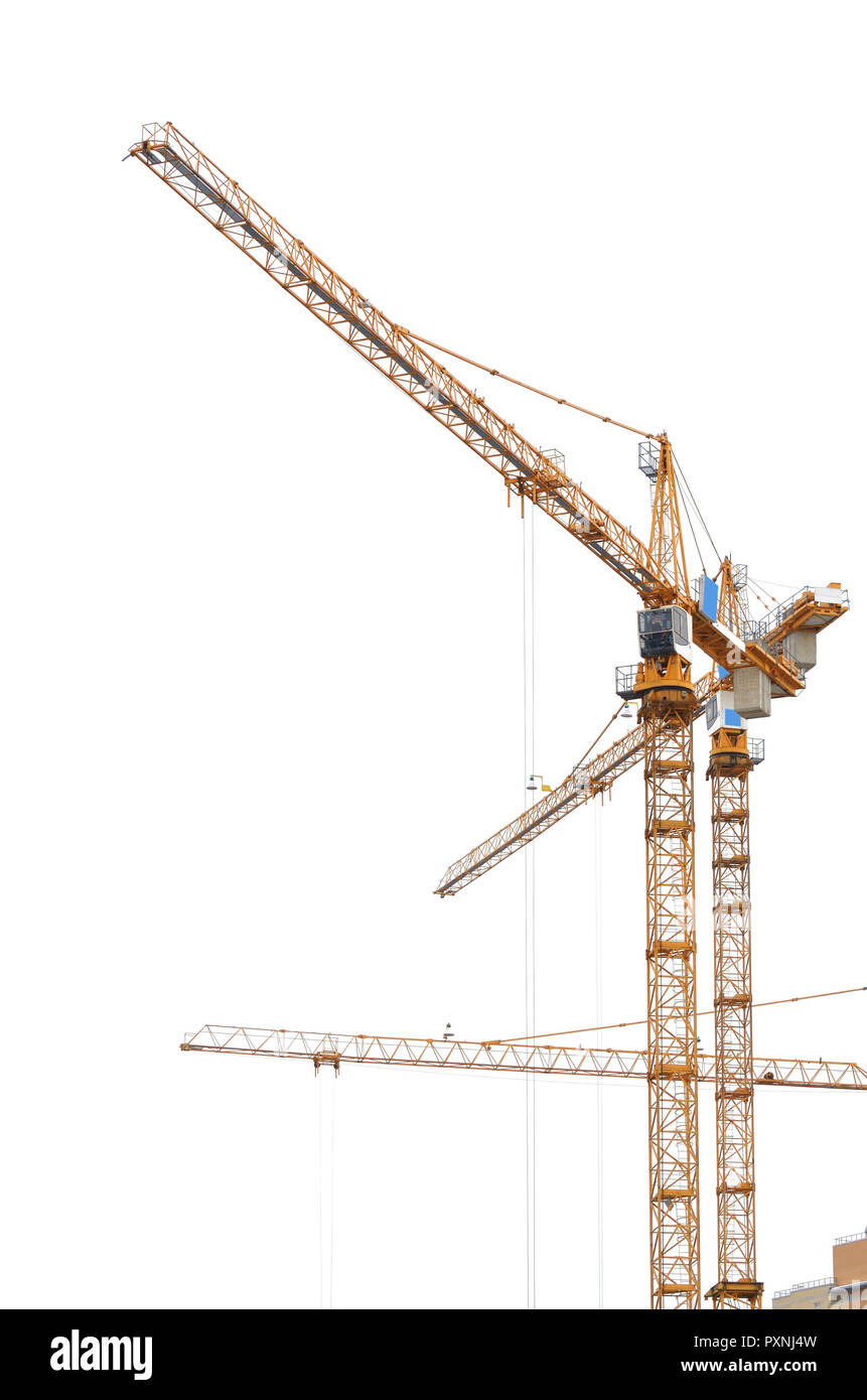 Construction crane on white background.It is used to lift loads at the ...