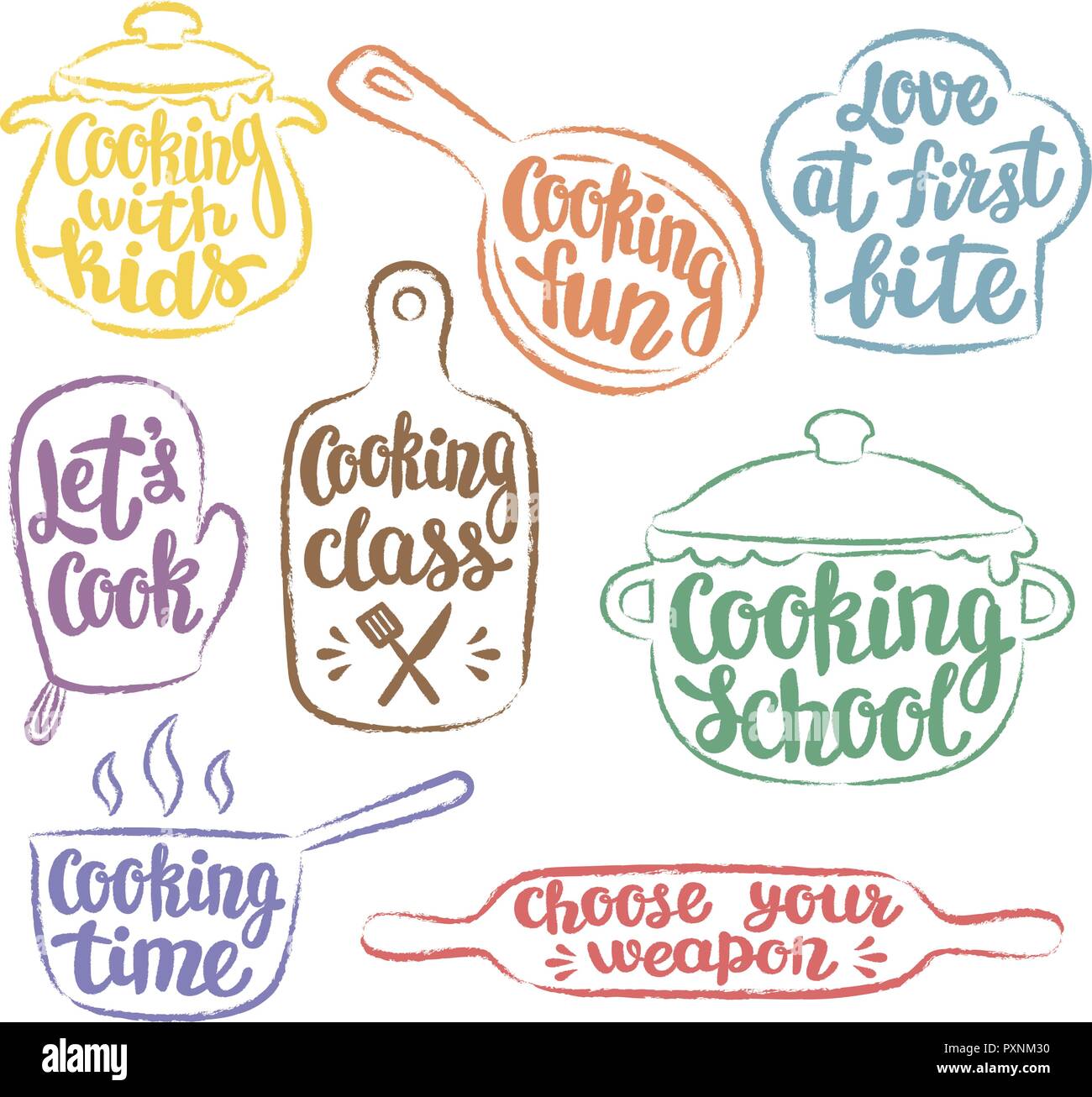 Collection of grunge colour contoured cooking label or logo. Cooking ...