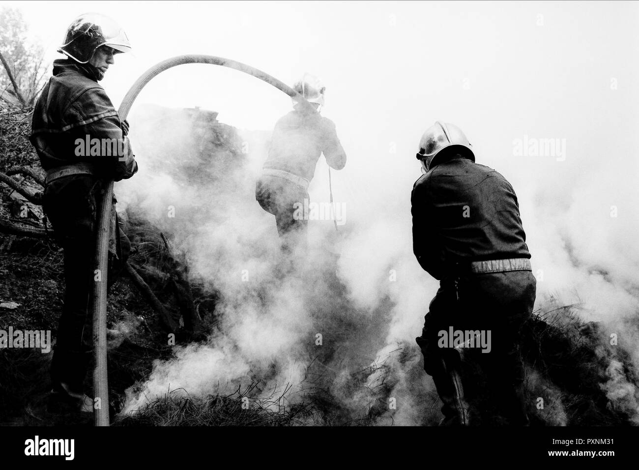Archives 90ies: Firefighters extinguish tires fire, Lyon, France Stock ...