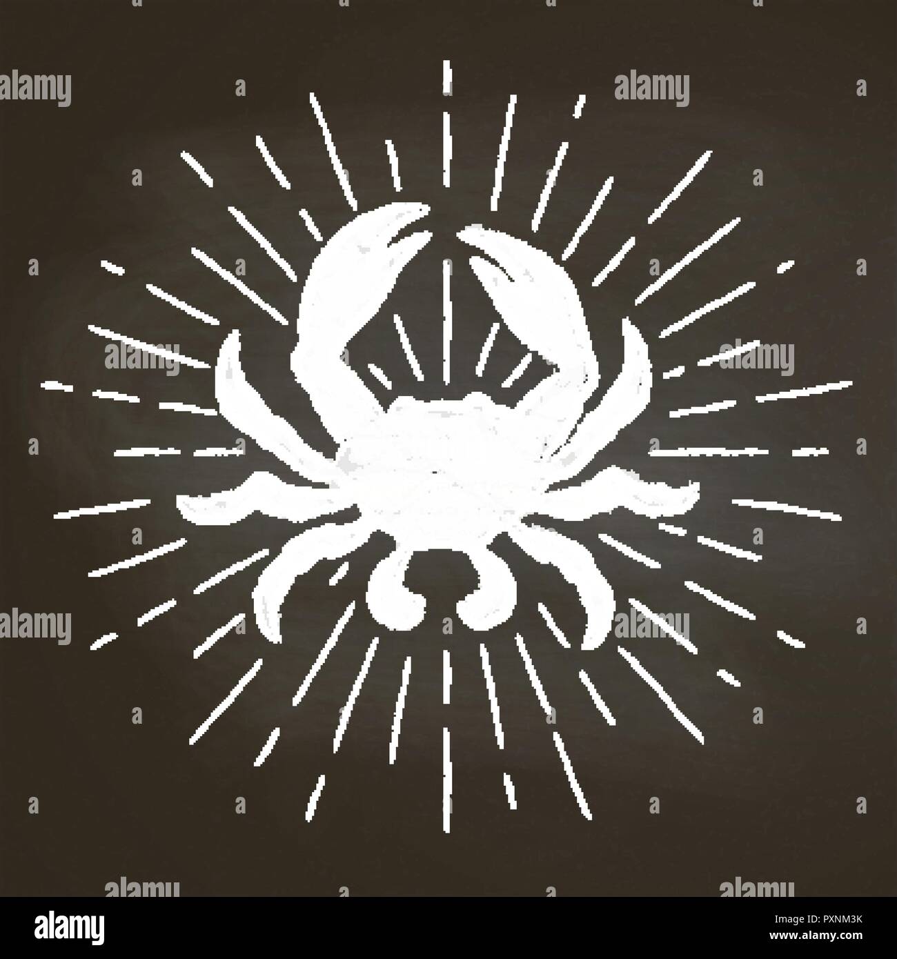 Crab chalk silhoutte with sun rays on blackboard. Good for seafood ...