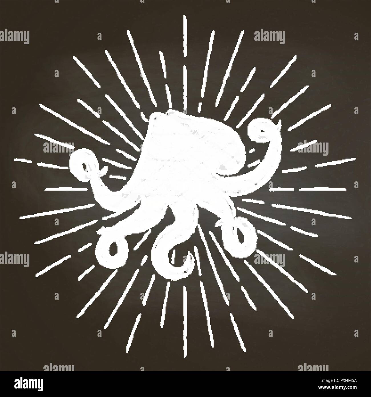 Octopus chalk silhoutte with sun rays on blackboard. Good for seafood ...