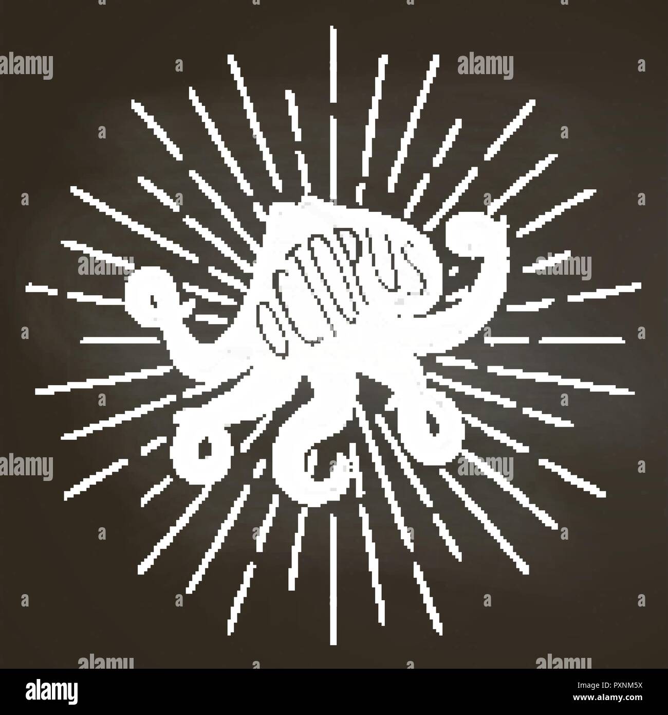 Octopus chalk silhoutte with sun rays on blackboard. Good for seafood ...