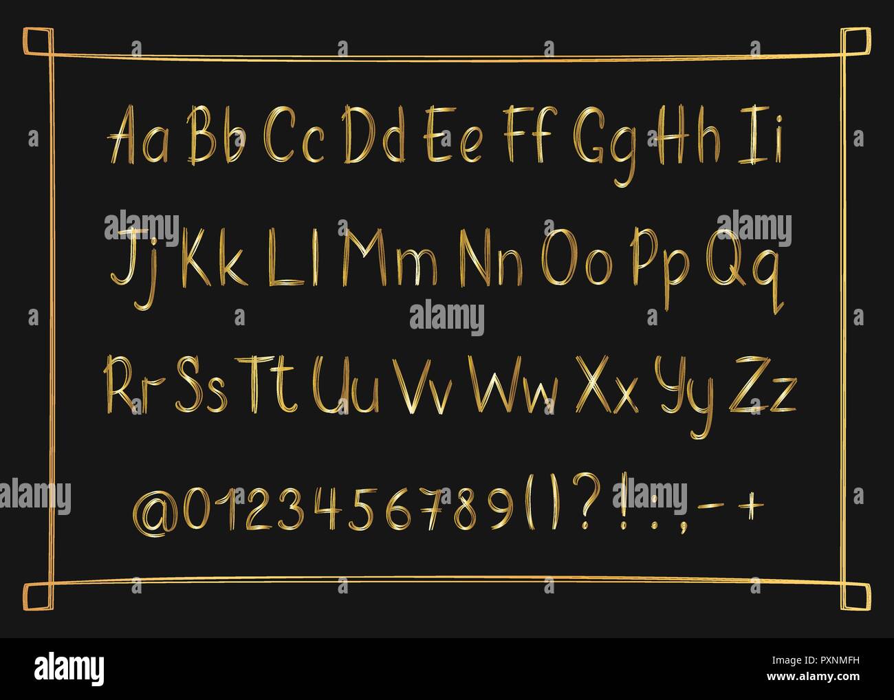 Golden alphabet in sketchy style with frame. Vector handwritten pencil ...