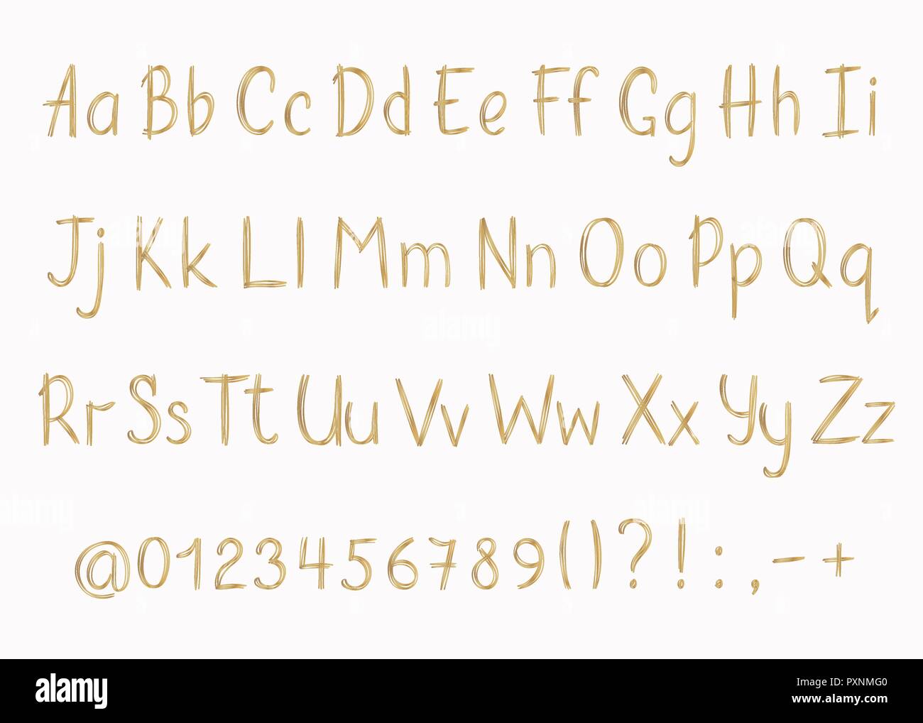 Golden alphabet in sketchy style. Vector handwritten pencil letters ...