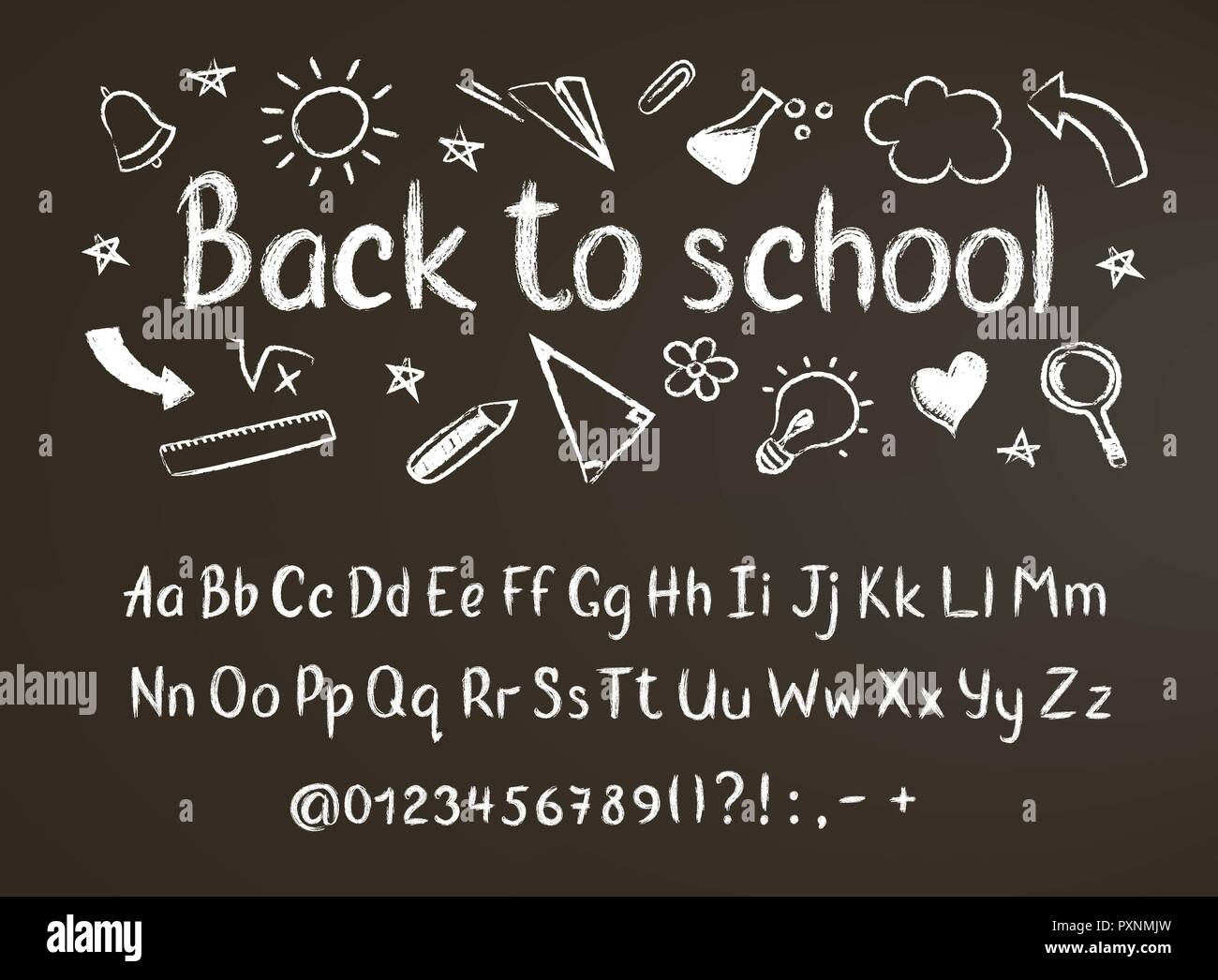 Back to school chalk text on blackboard with school doodle elements and ...