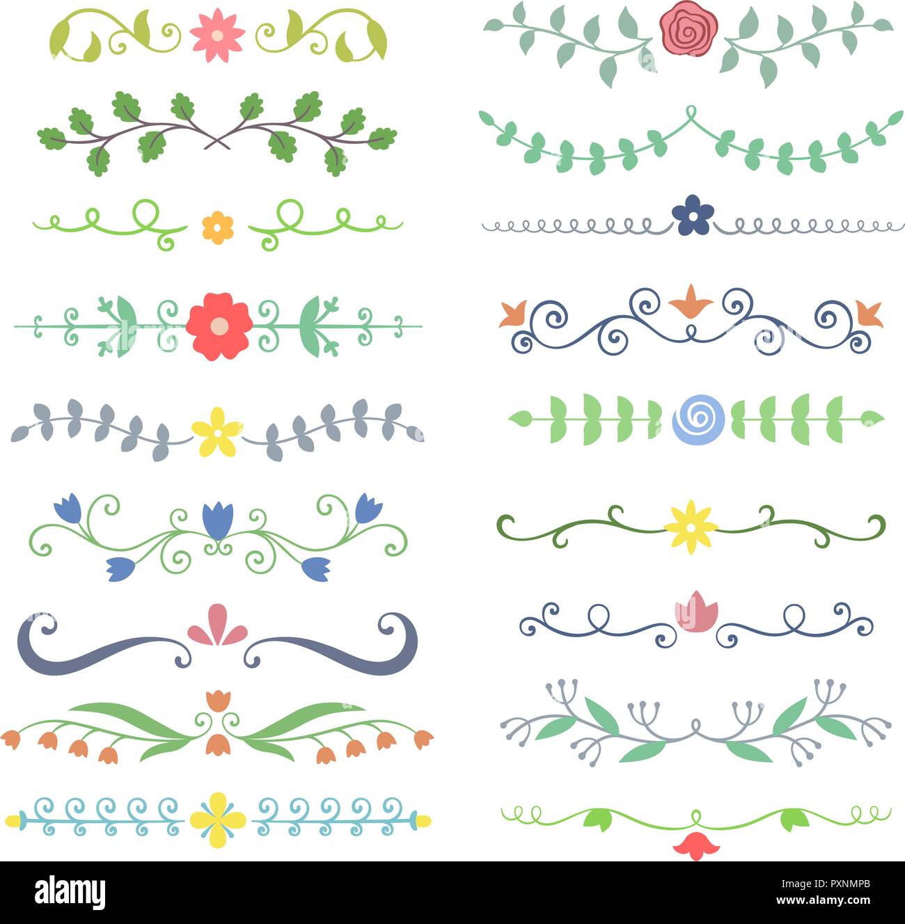 Collection of hand drawn colored flourish text dividers. Doodle ...