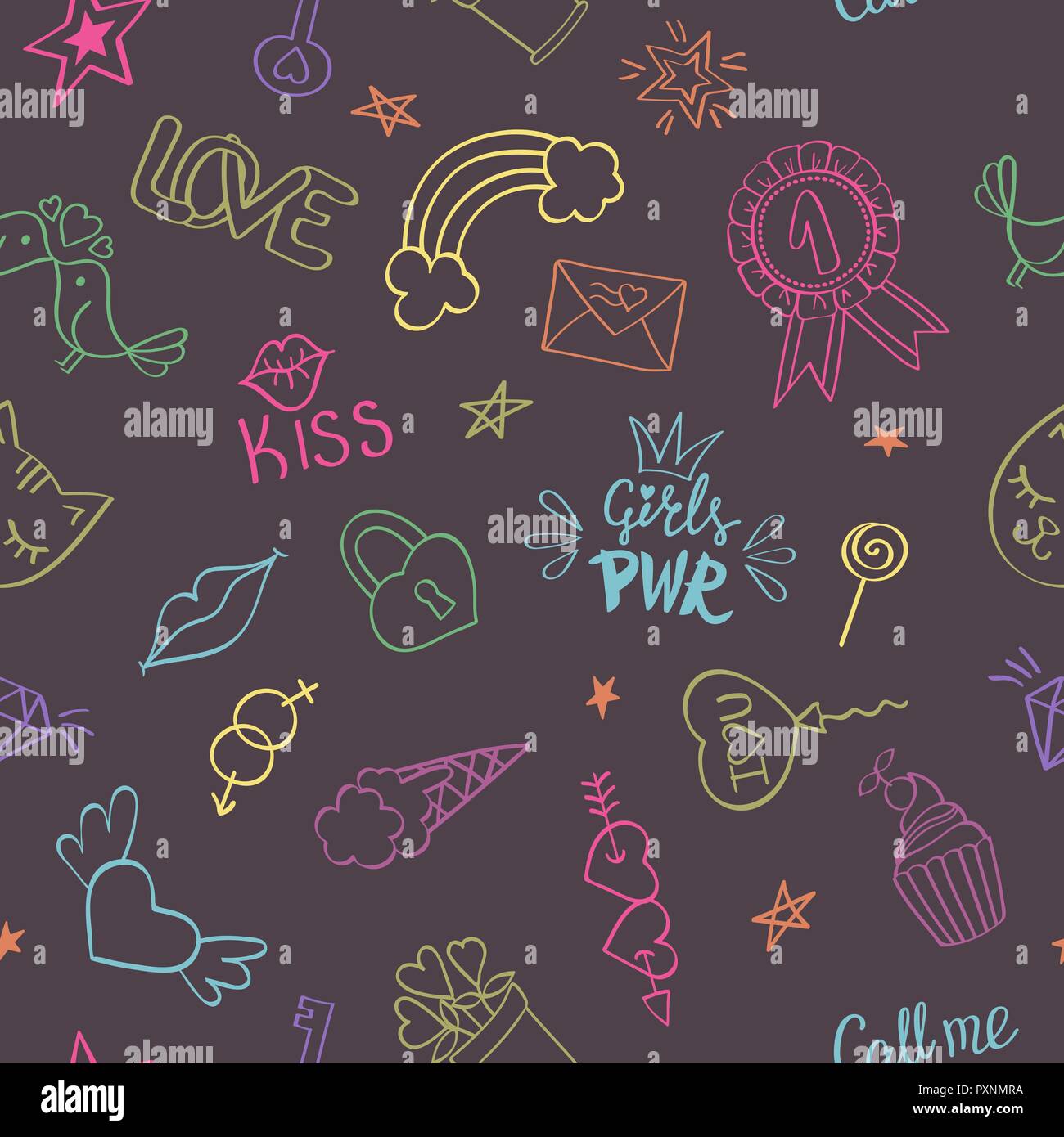 Seamless pattern with hand drawn girly doodles. Repeating background ...