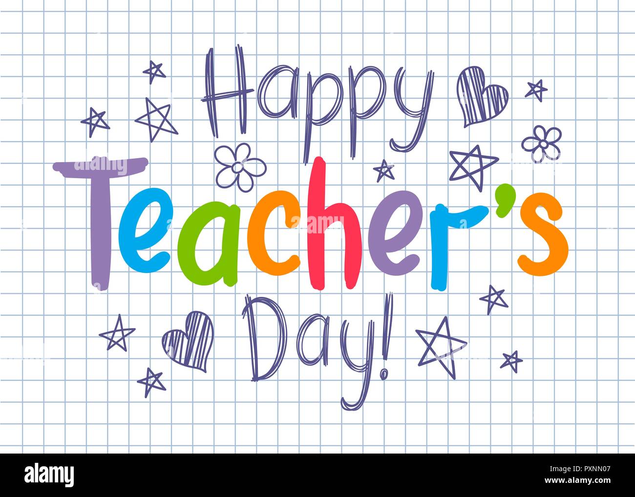 Happy Teachers Day greeting card on squared copybook sheet in sketchy ...