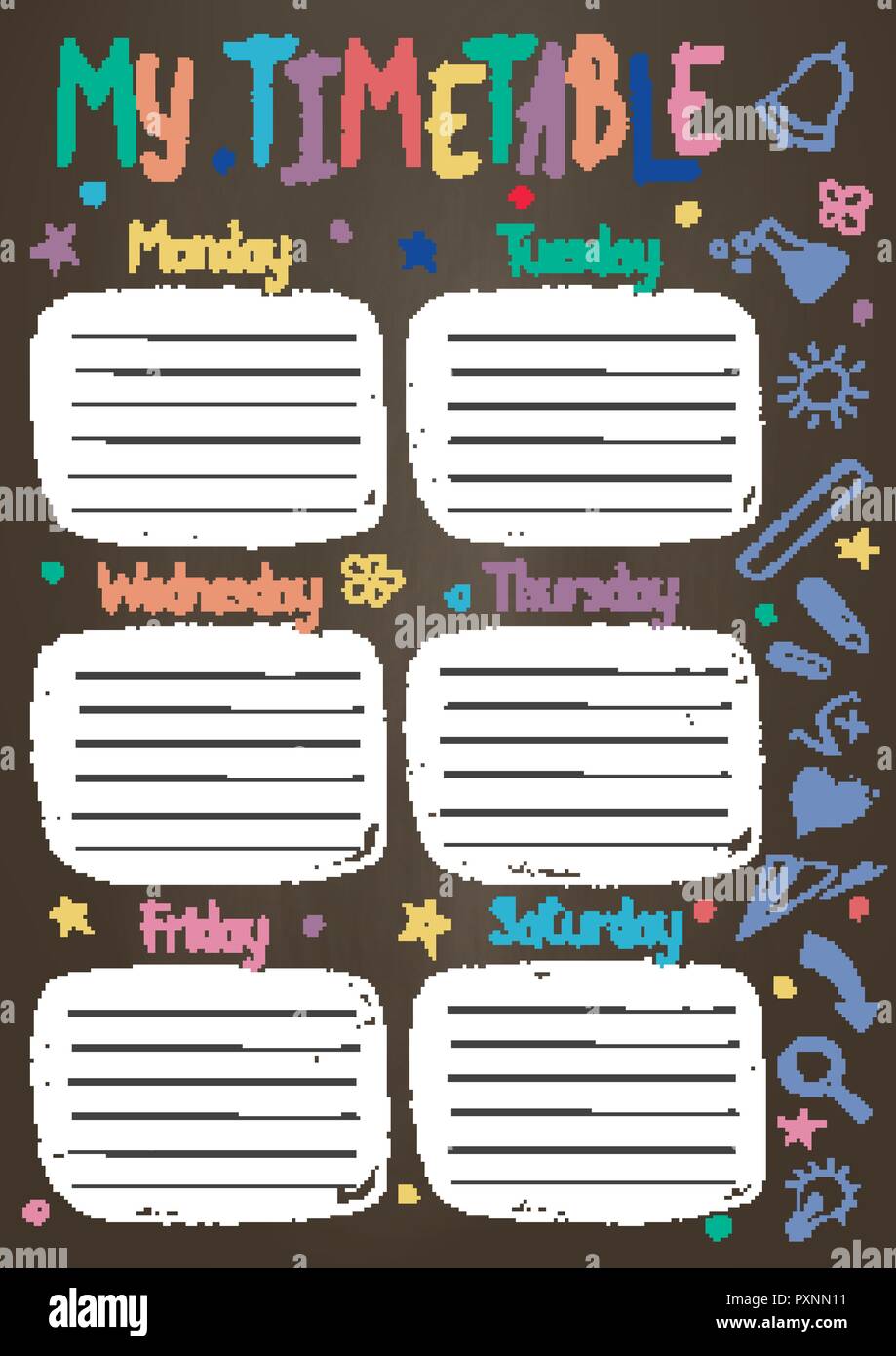 School timetable template on chalk board with hand written colored ...