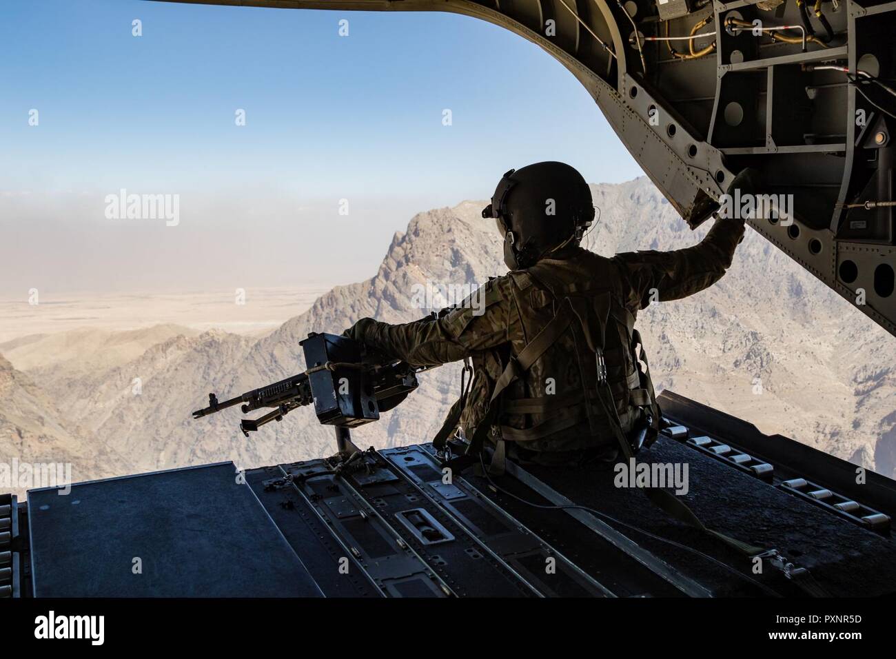 A U.S. Army CH-47 Chinook helicopter crew chief assigned to Task Force ...