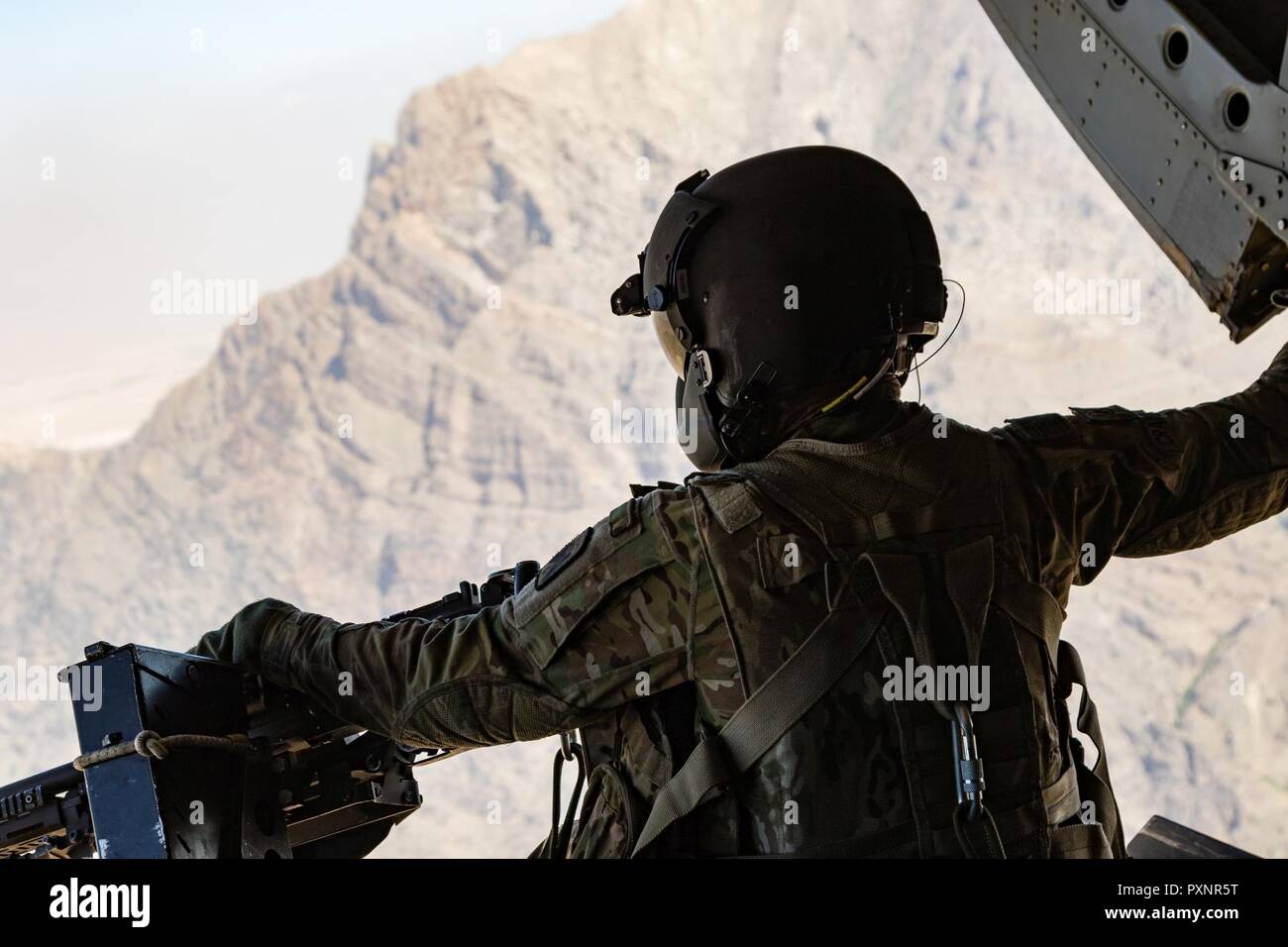 A U.S. Army CH-47 Chinook helicopter crew chief assigned to Task Force ...