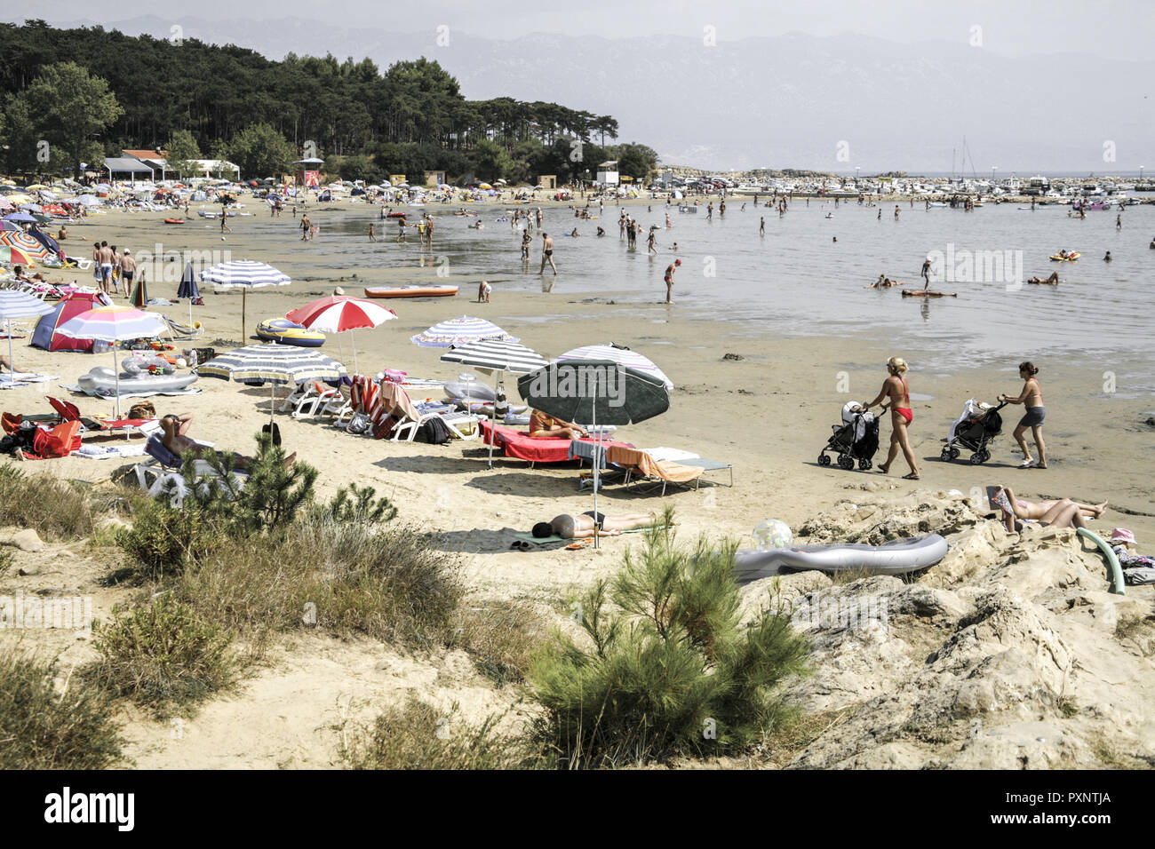 Croatia, Island Rab, Umbrelas on the beach, Crowded beach, Paradise ...