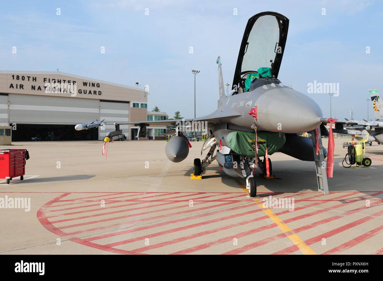 An F-16 Fighting Falcon is parked on the flightline June 14, 2017 at ...