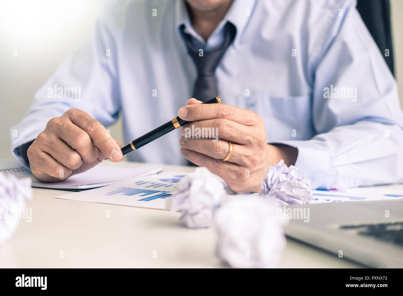 Depressed failure and tired businessman late sad and solving problem in ...