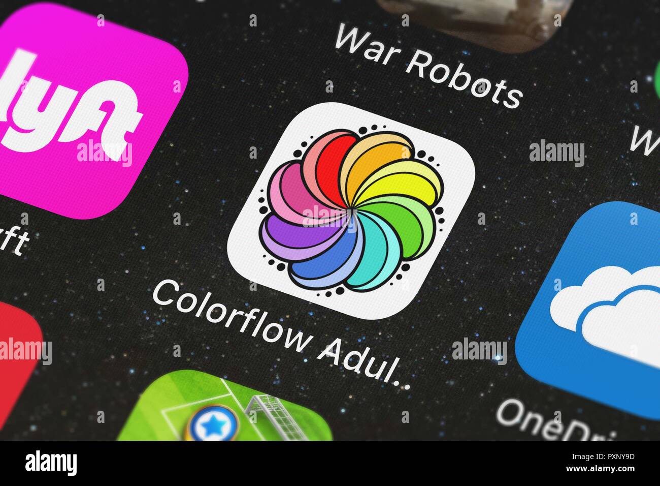 London, United Kingdom - October 23, 2018: Close-up shot of the Colorflow Adult Coloring Book ...