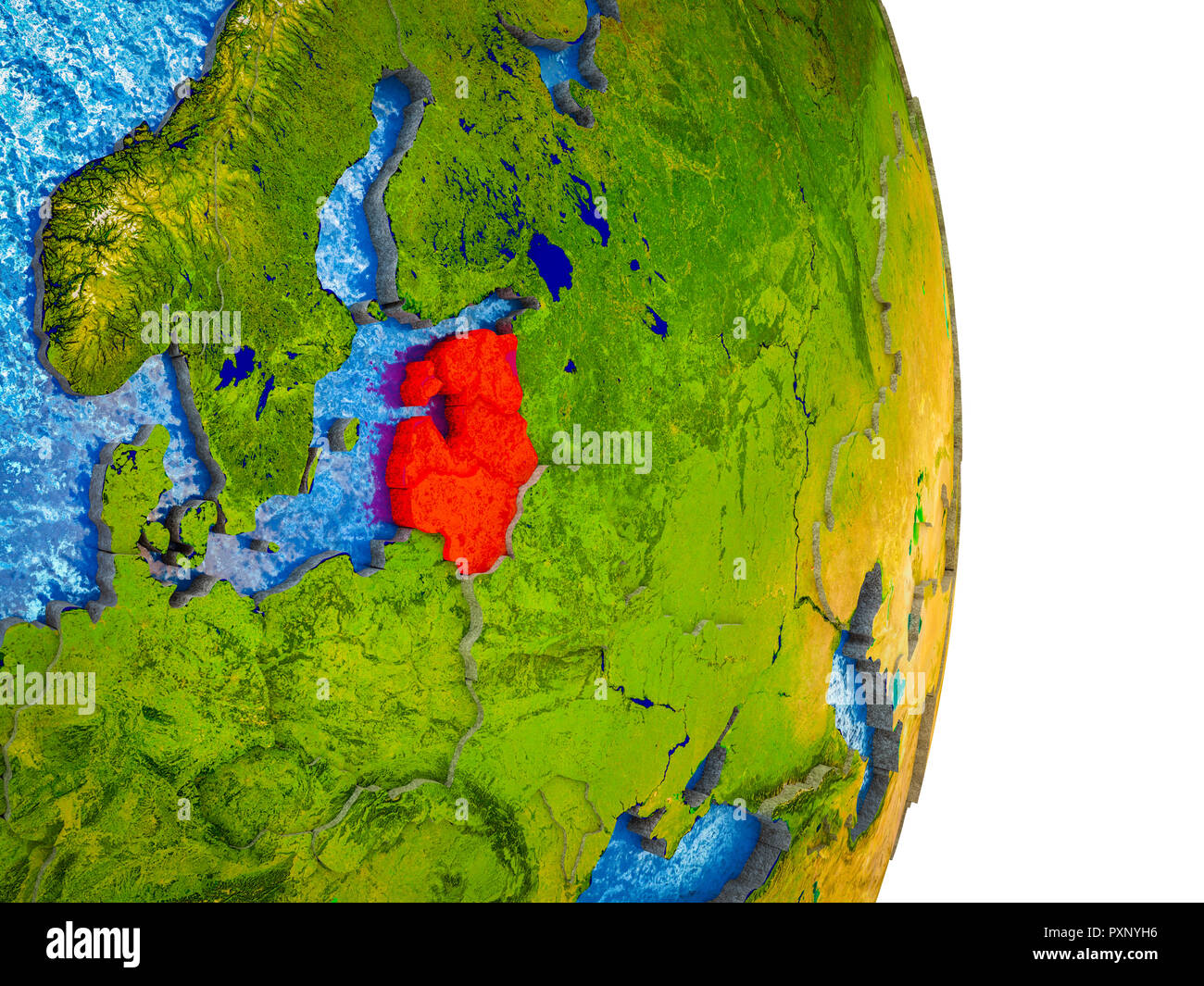 Baltic States on 3D model of Earth with divided countries and blue ...