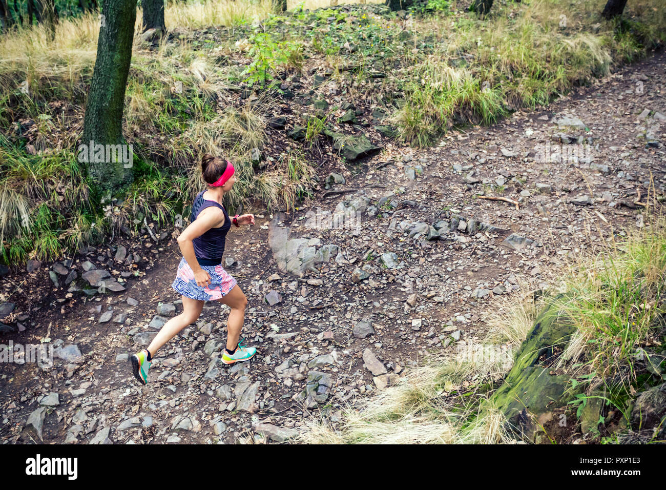 Trail running athletic woman in green forest, sports inspiration and ...