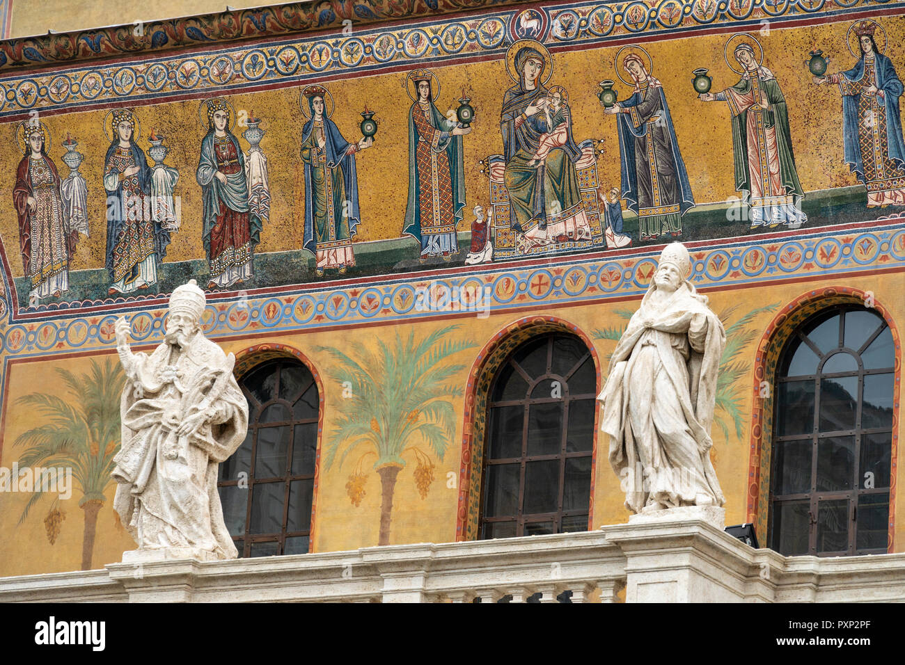 12 century Mosaics depicting the Maddona and Child on the facade of the Basillica of Santa Maria ...
