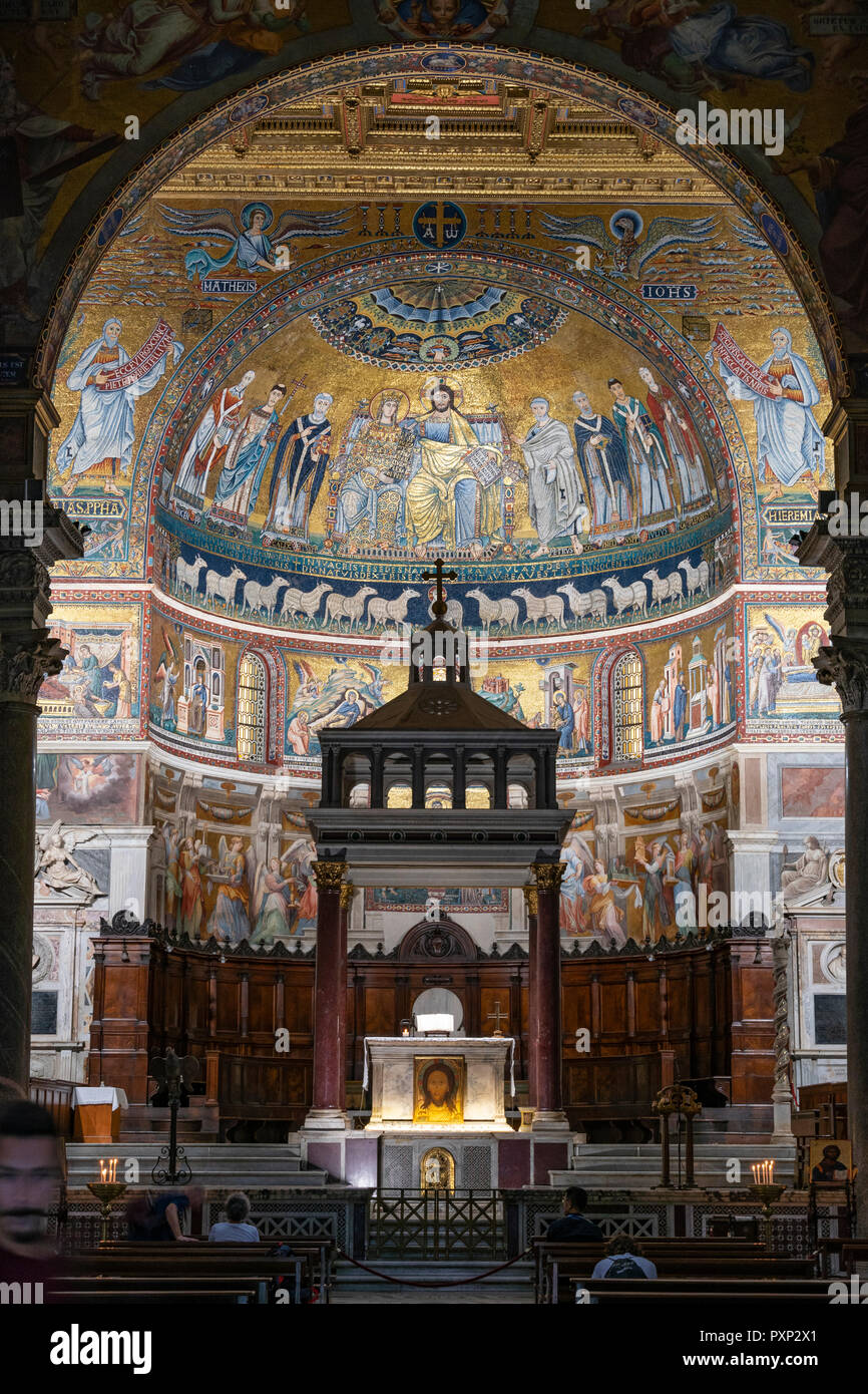 12 century Mosaics by Pietro Cavallini in the apse of the Basillica of Santa Maria in Trastevere ...
