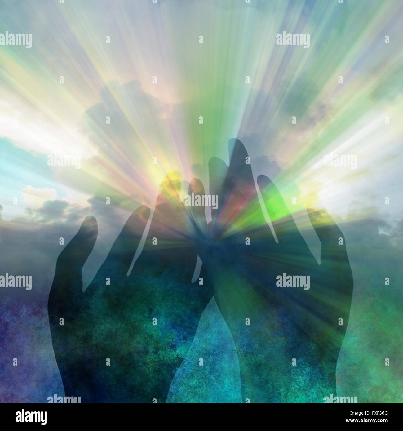 Colorful light beams comes from human hands Stock Photo - Alamy