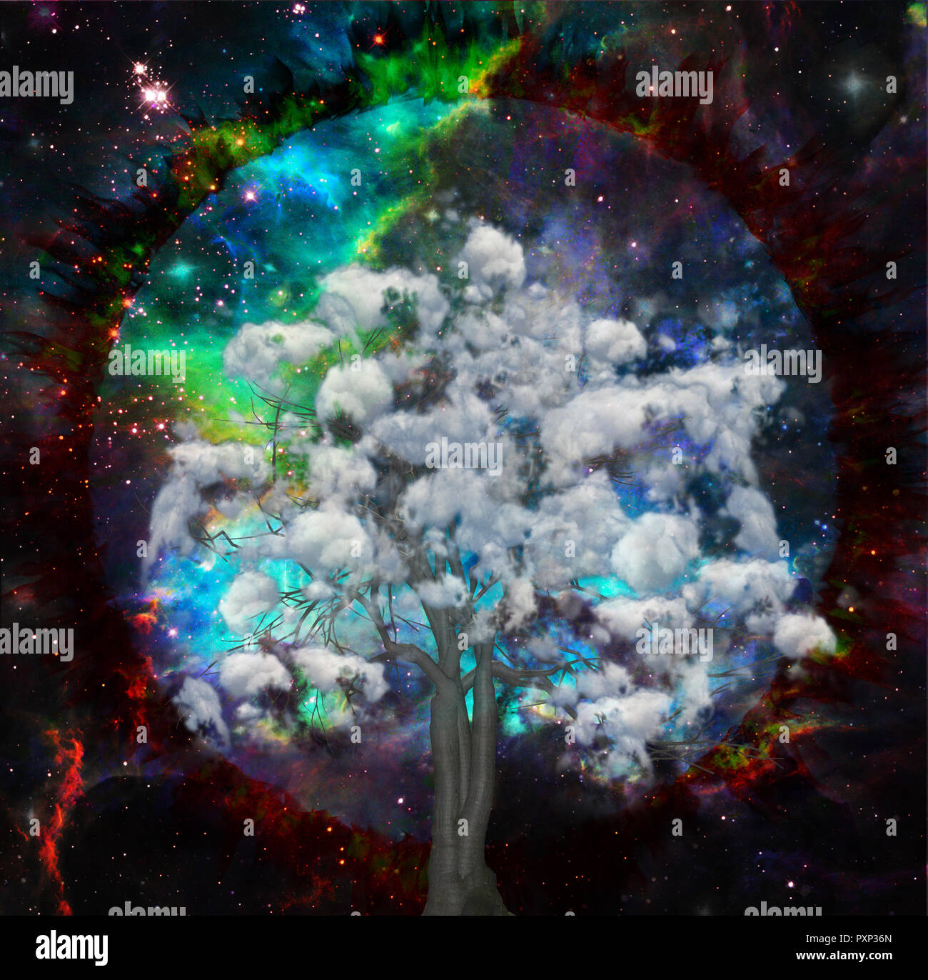 Tree with clouds instead of leaves. Colorful space with stars and ...