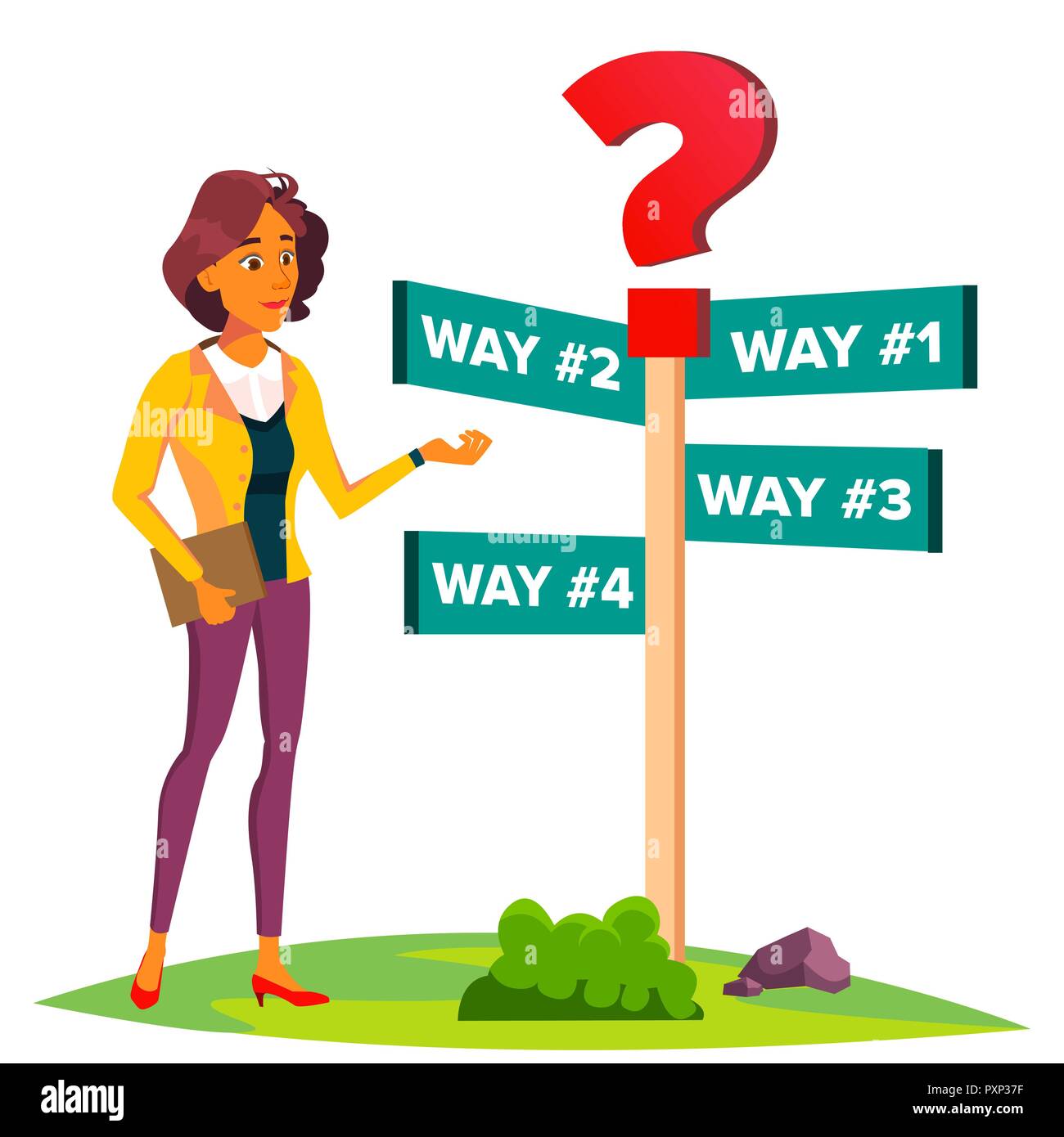 Business Woman Chooses A Path Of Ways, Direction, Strategy Vector ...