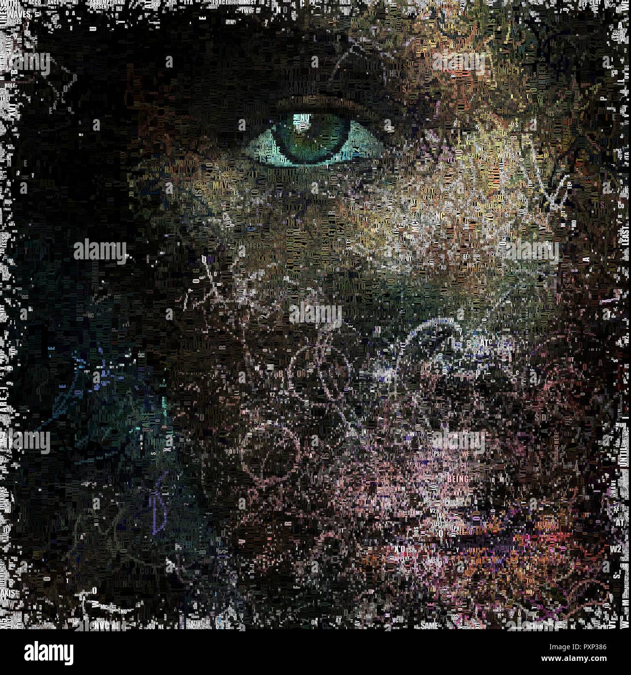 Surreal painting. Woman's face. Image composed entirely of words Stock ...