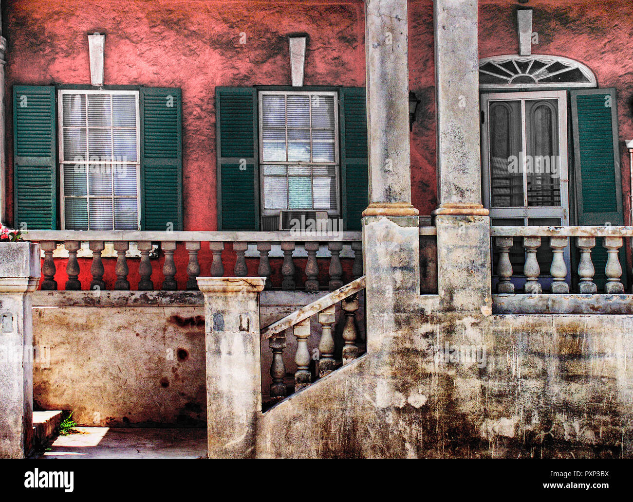 House with railing. Old rustic window with shutters Stock Photo - Alamy