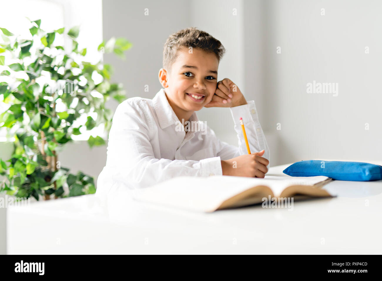 A cute Black boy doing homework at home Stock Photo - Alamy