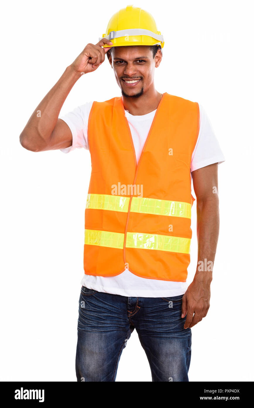 Young happy African man construction worker smiling while holdin Stock ...