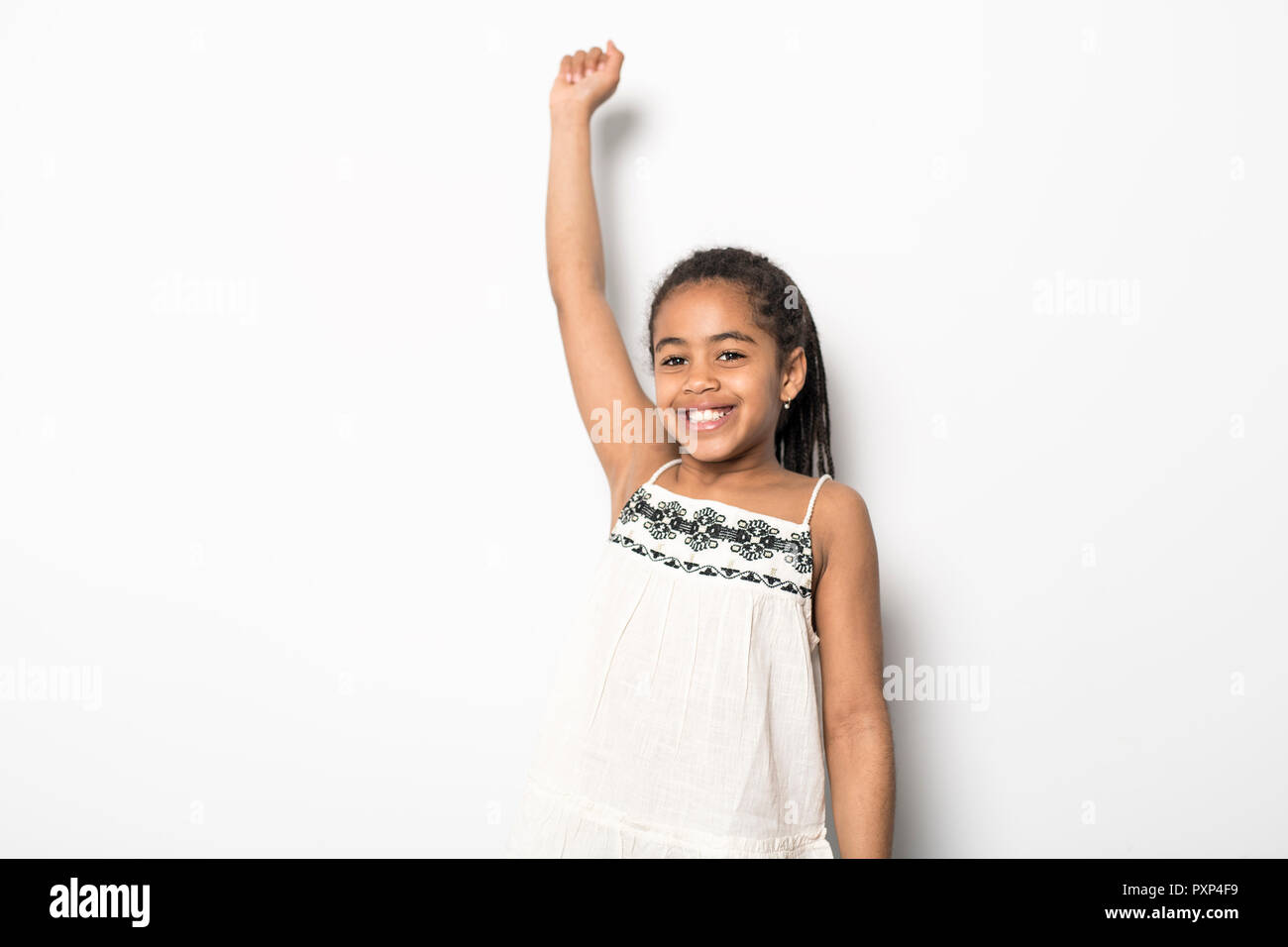 black girl perfect hand over head sign on studio white background Stock ...