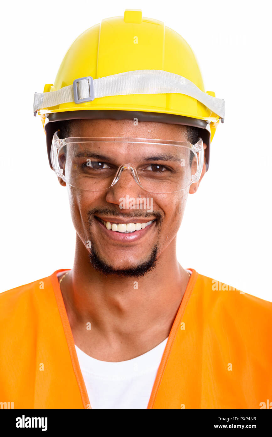 Face of happy African man construction worker smiling while wear Stock ...