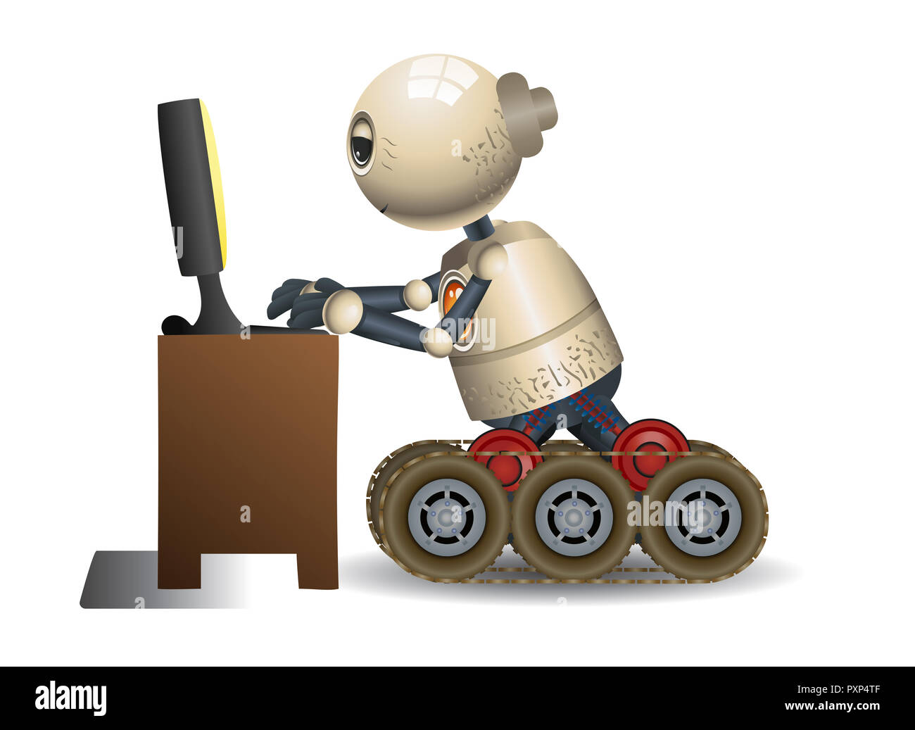 illustration of a little robot grandma learning computer on isolated ...