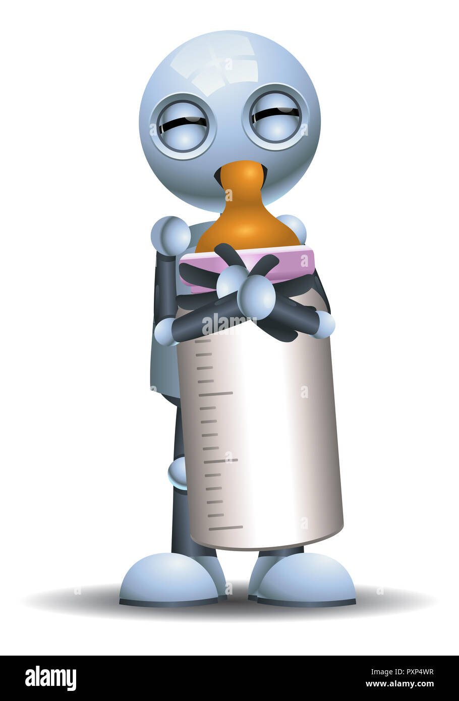 illustration of a happy little robot baby drink from bottle on isolated ...