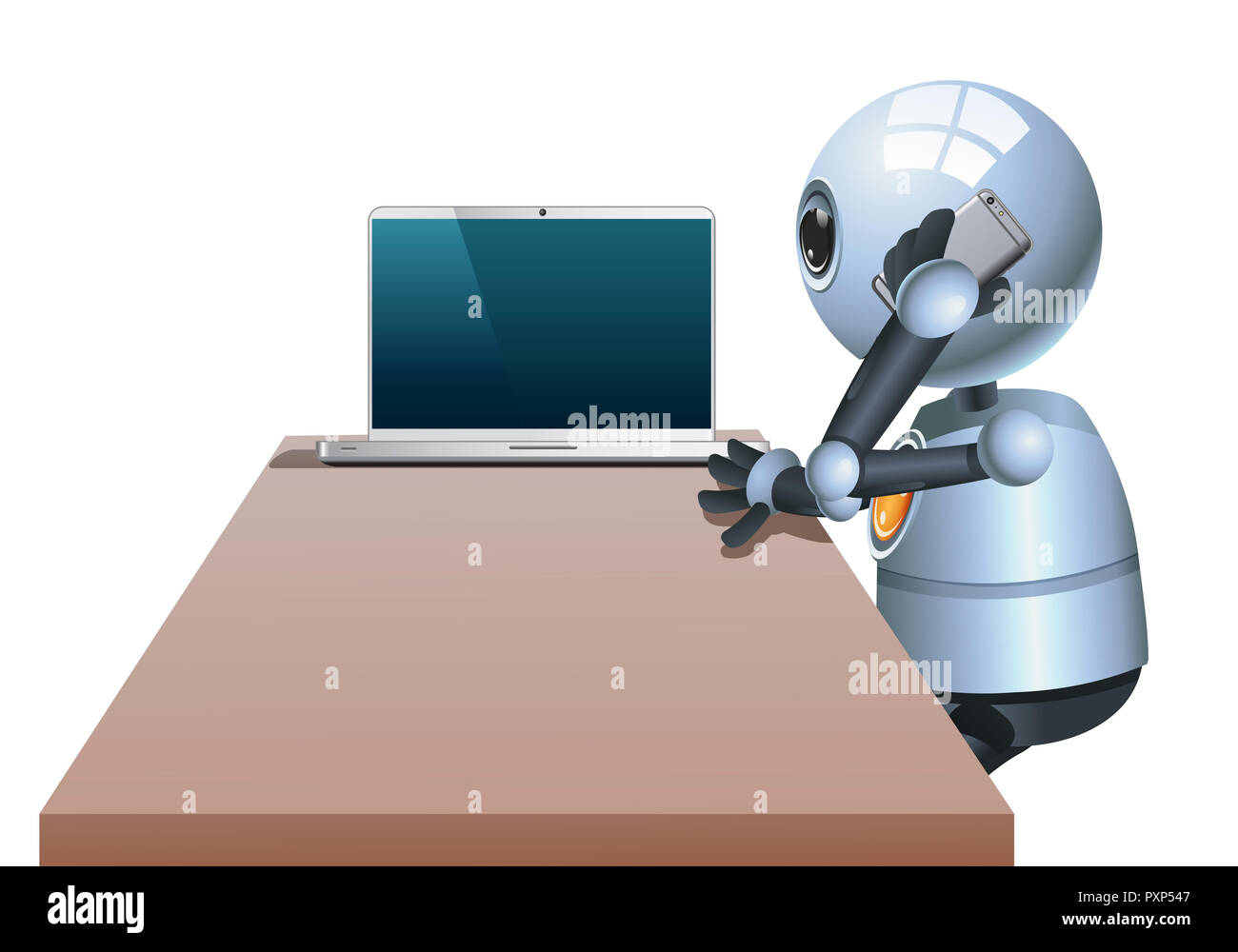illustration of a happy little robot businessman call while working on ...