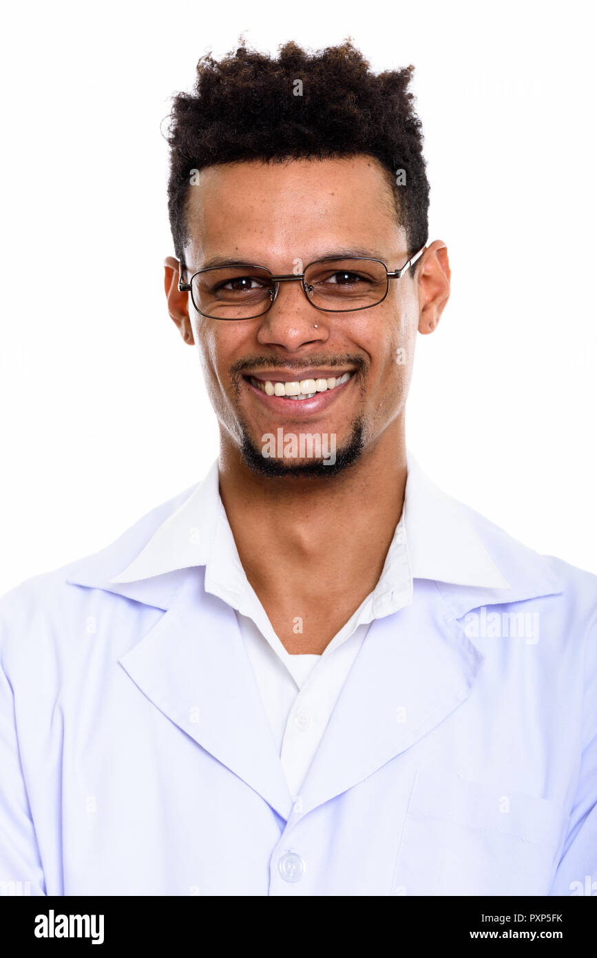 Face of young happy African man doctor smiling while wearing eye Stock ...