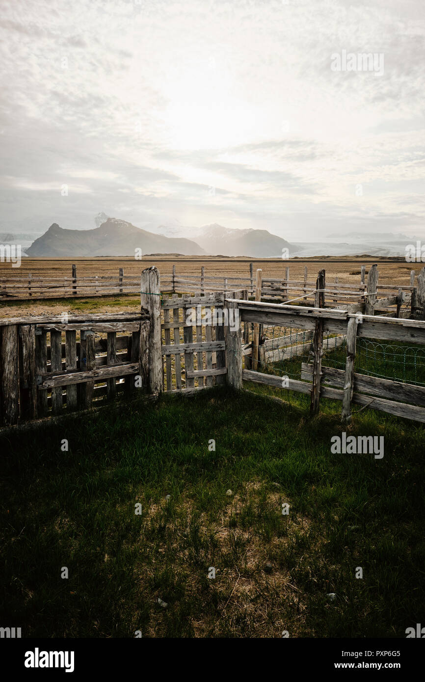 Abandoned sheep pens in the desolate empty flat landscape of the ...