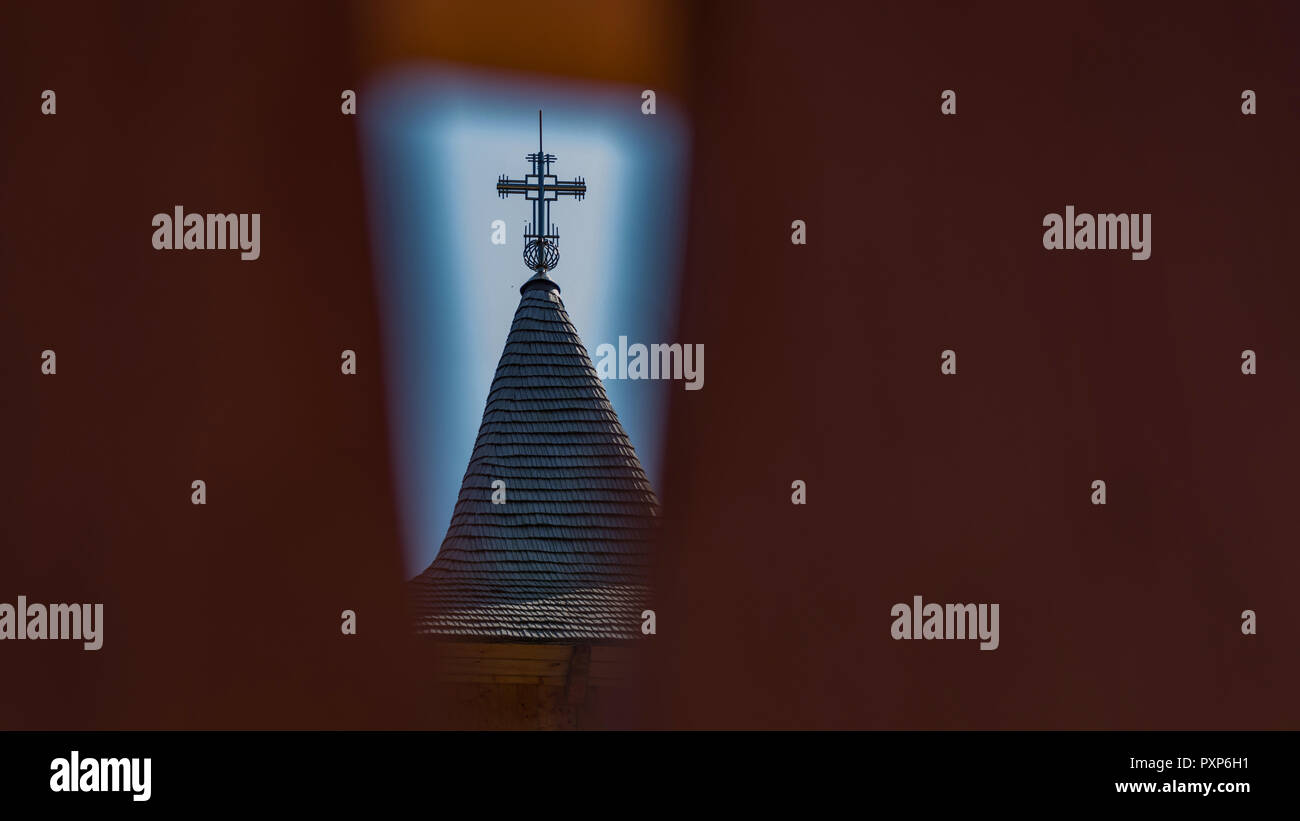Wooden church cross view scene Stock Photo - Alamy