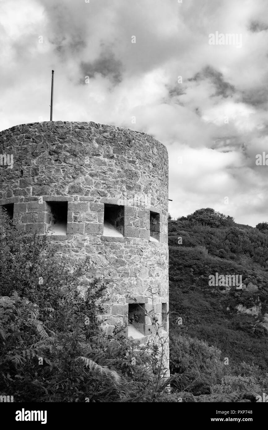 Black and white of Old Guernsey loophole towers Stock Photo - Alamy