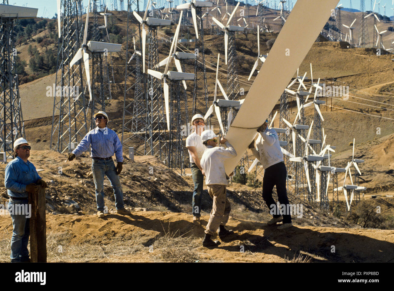 Wind-power generators erected at the Tehachapi Pass area of Kern County ...