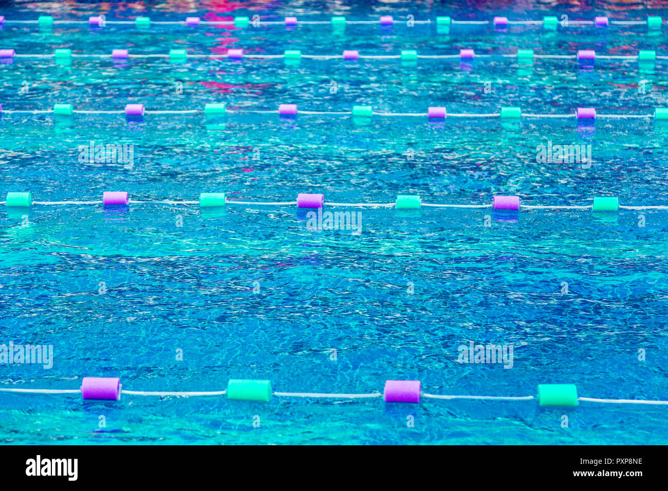 Swimming pool with simple lane dividers and clear water on bright sunny ...