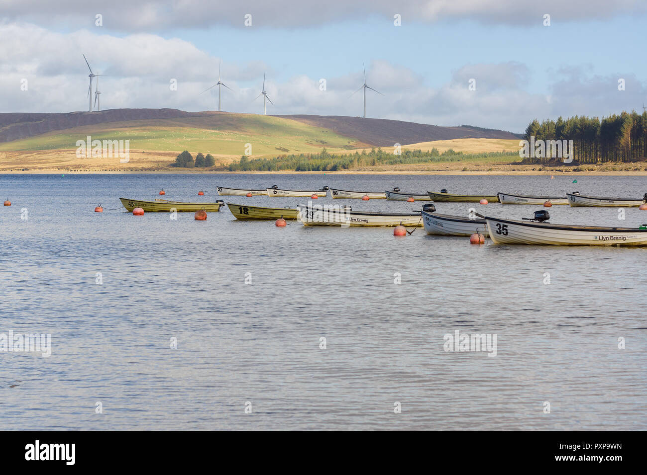 Fishing boats for hire at Llyn Brenig reservoir in the Denbigh moors ...