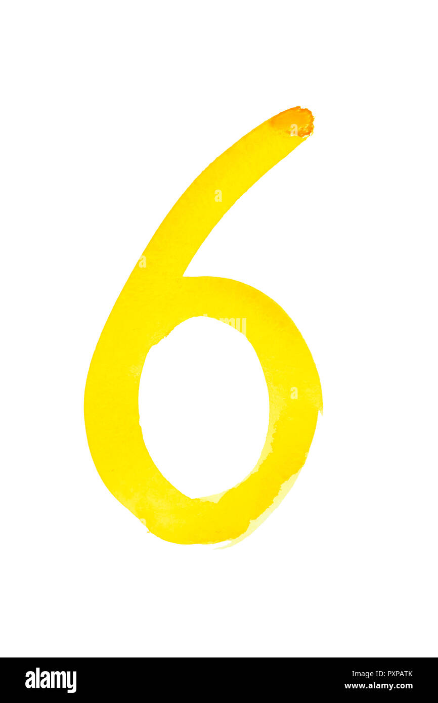 Six - Hand painted yellow watercolor numbers Stock Photo - Alamy