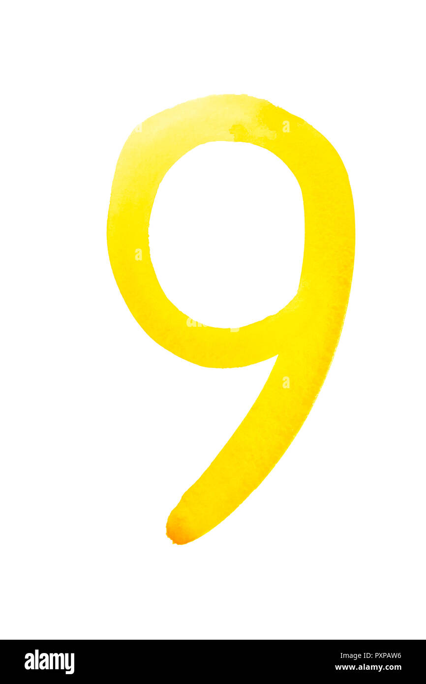 Nine - Hand painted yellow watercolor numbers Stock Photo - Alamy
